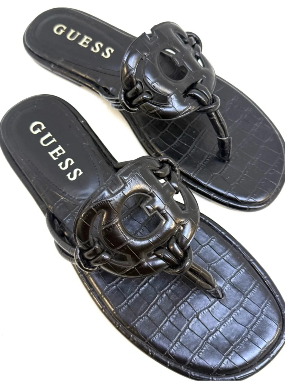 Guess | Shoes | Guess Black Leather Saime Embellished G Logo Thong ...